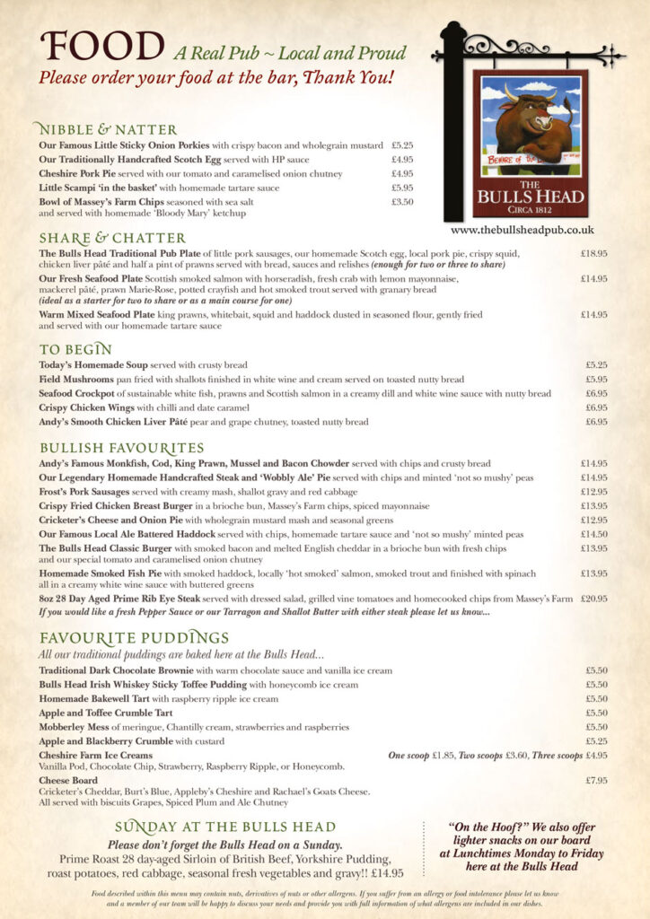 Monday-Saturday | The Bulls Head Pub Mobberley