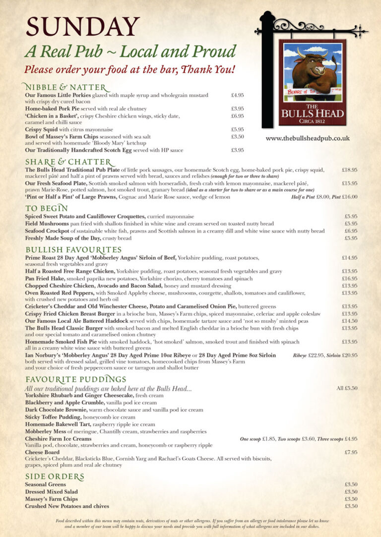 Sunday Menu | The Bulls Head Pub Mobberley