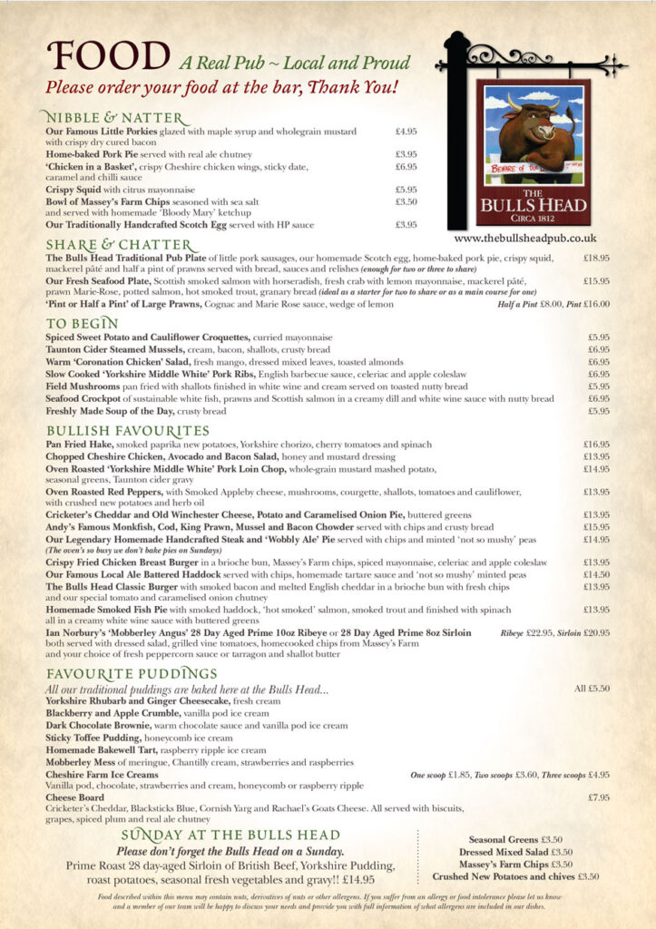 Monday-Saturday | The Bulls Head Pub Mobberley