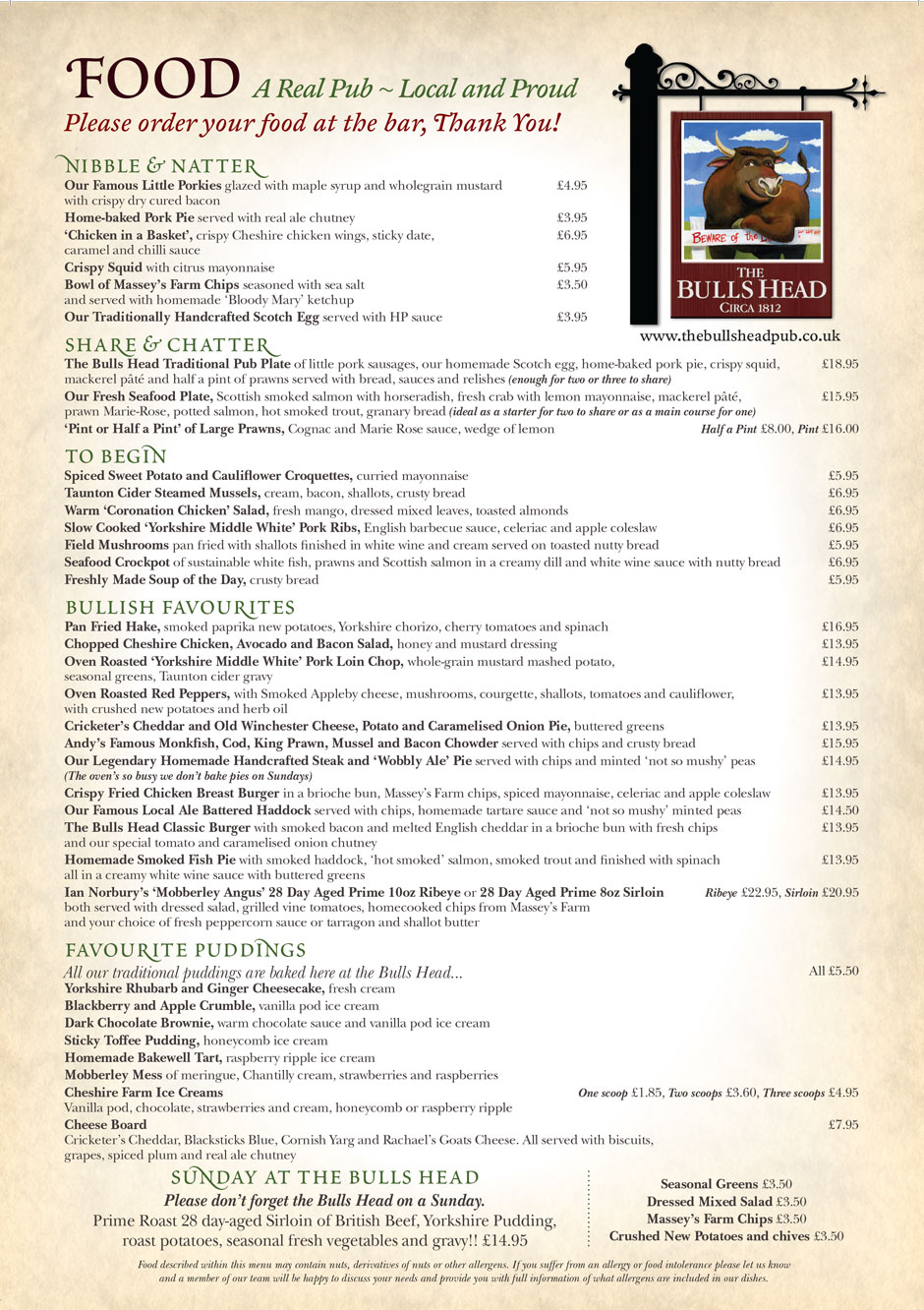 Monday-Saturday | The Bulls Head Pub Mobberley