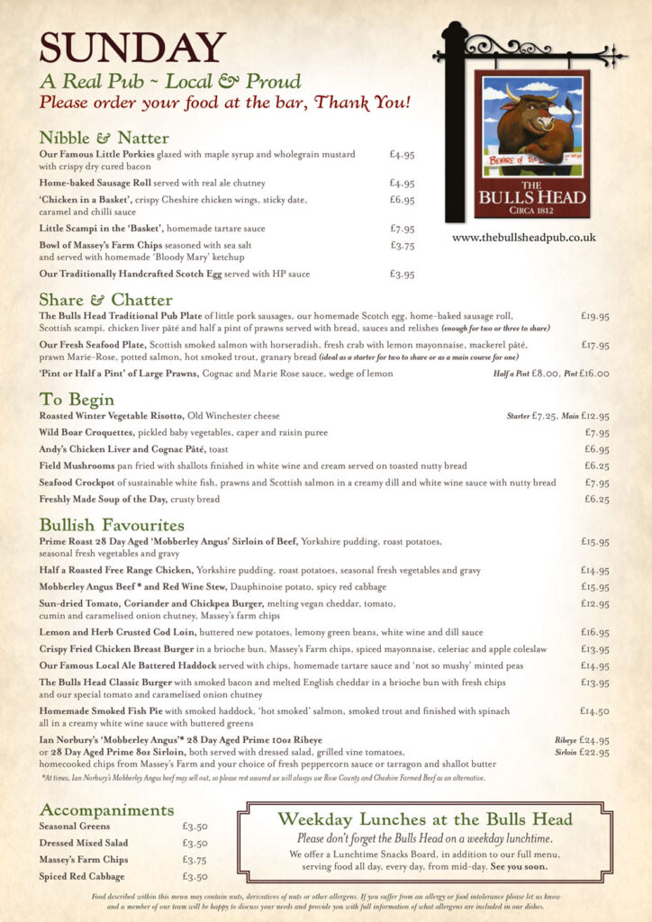 Sunday Menu | The Bulls Head Pub Mobberley