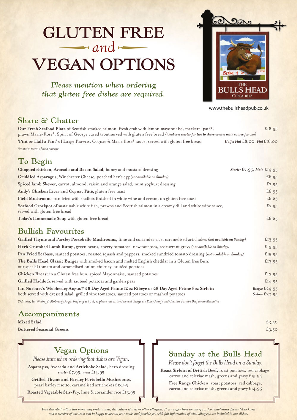 Gluten Free and Vegan | The Bulls Head Pub Mobberley