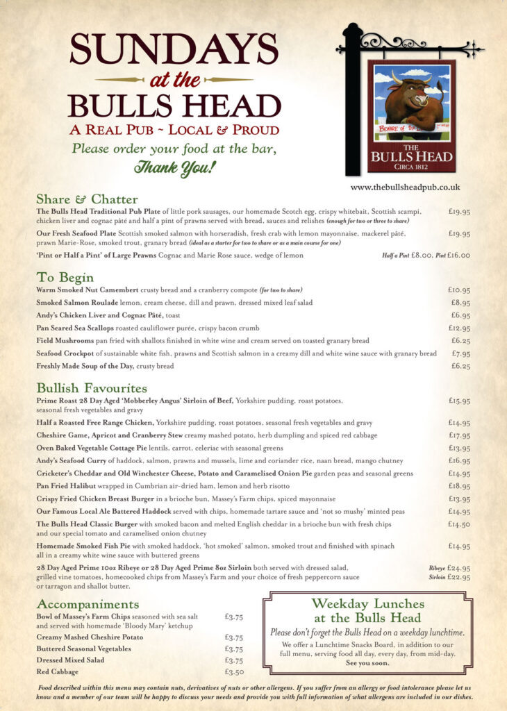 Sunday Menu | The Bulls Head Pub Mobberley