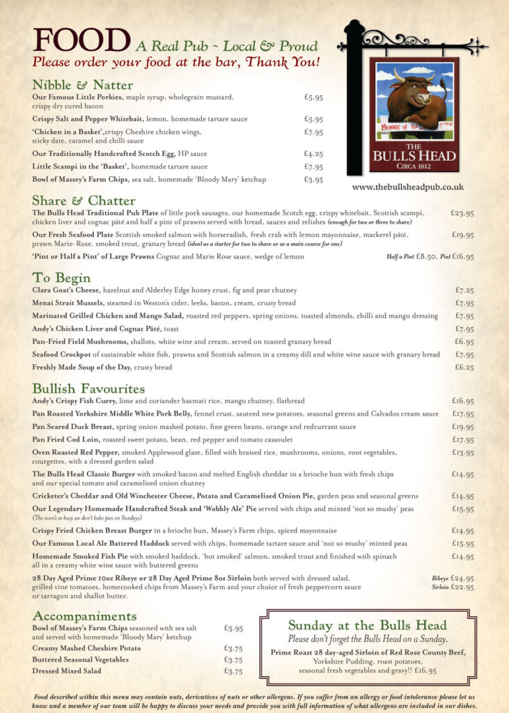 Monday-Saturday | The Bulls Head Pub Mobberley