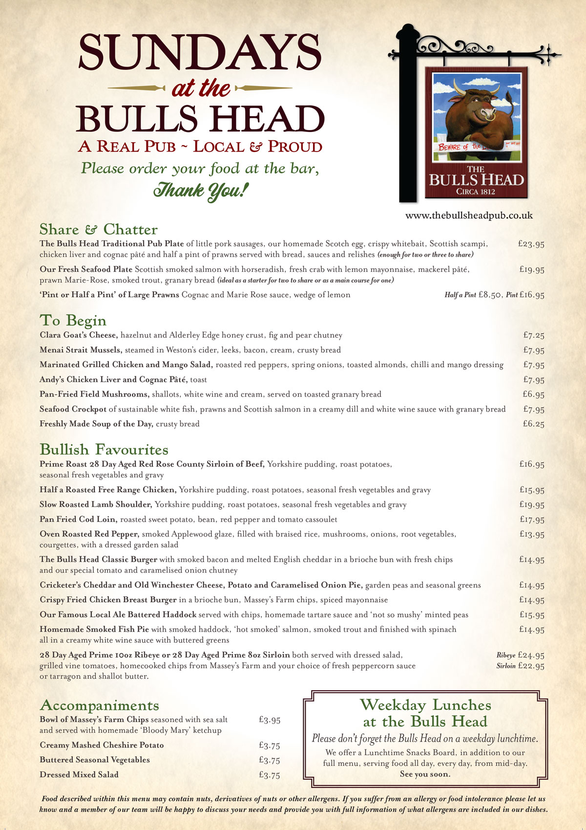 Sunday Menu | The Bulls Head Pub Mobberley