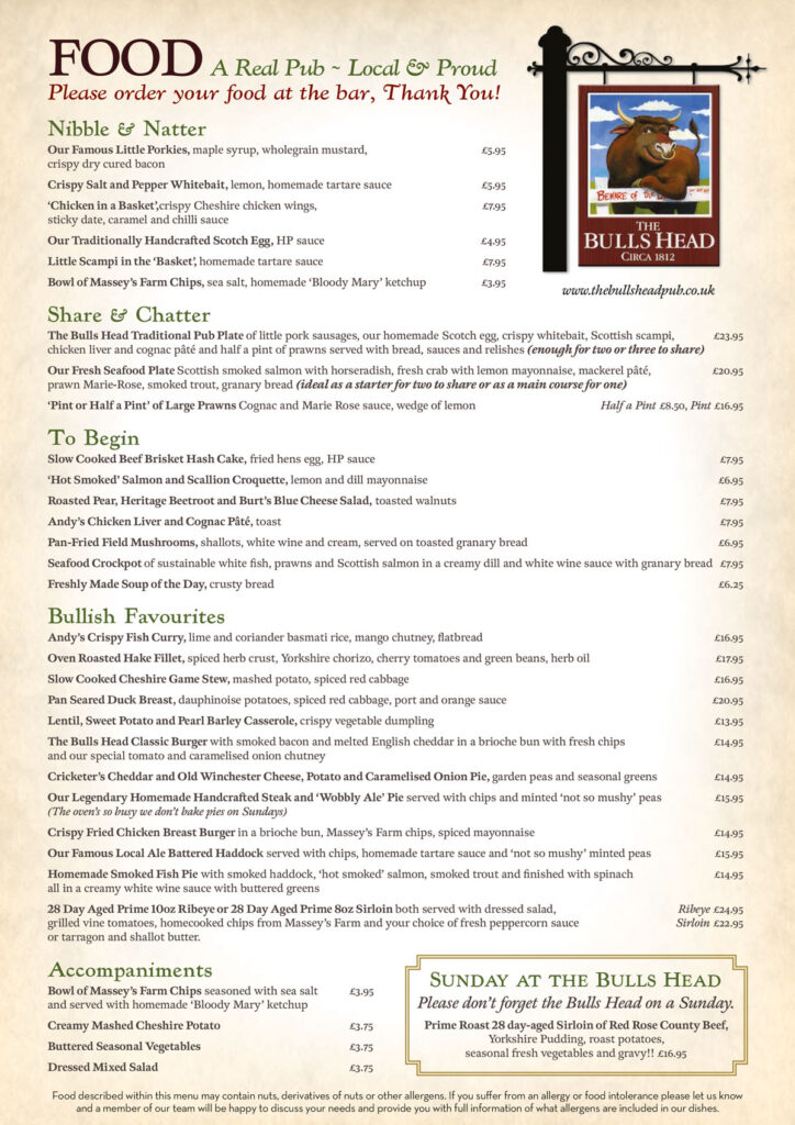 Monday-Saturday | The Bulls Head Pub Mobberley