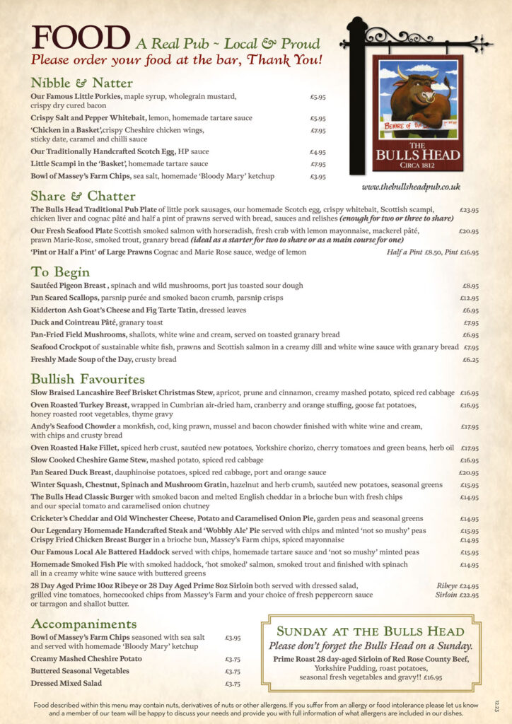 Monday-Saturday | The Bulls Head Pub Mobberley