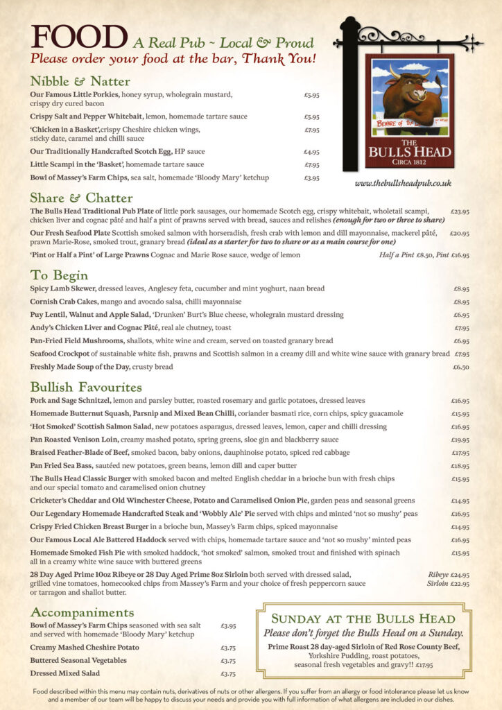 Monday-Saturday | The Bulls Head Pub Mobberley