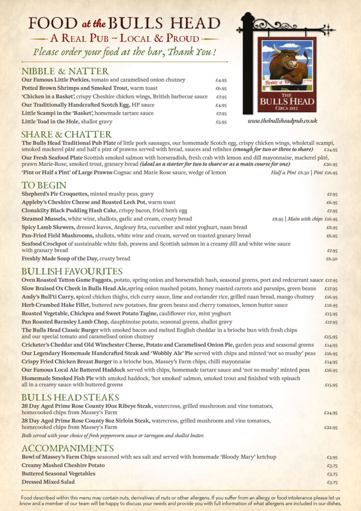 Monday-Saturday | The Bulls Head Pub Mobberley