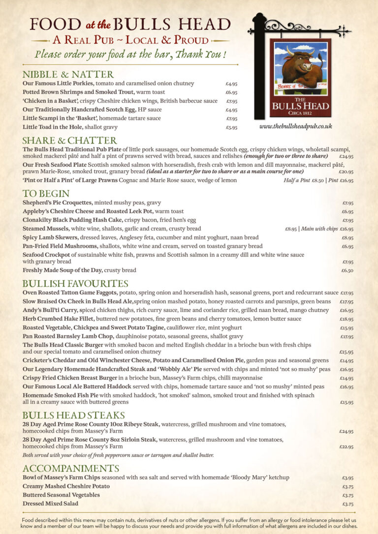 Monday-Saturday | The Bulls Head Pub Mobberley