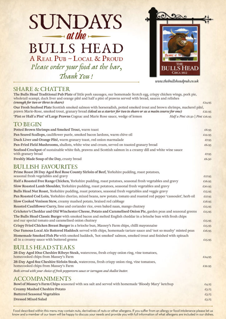 Sunday Menu | The Bulls Head Pub Mobberley