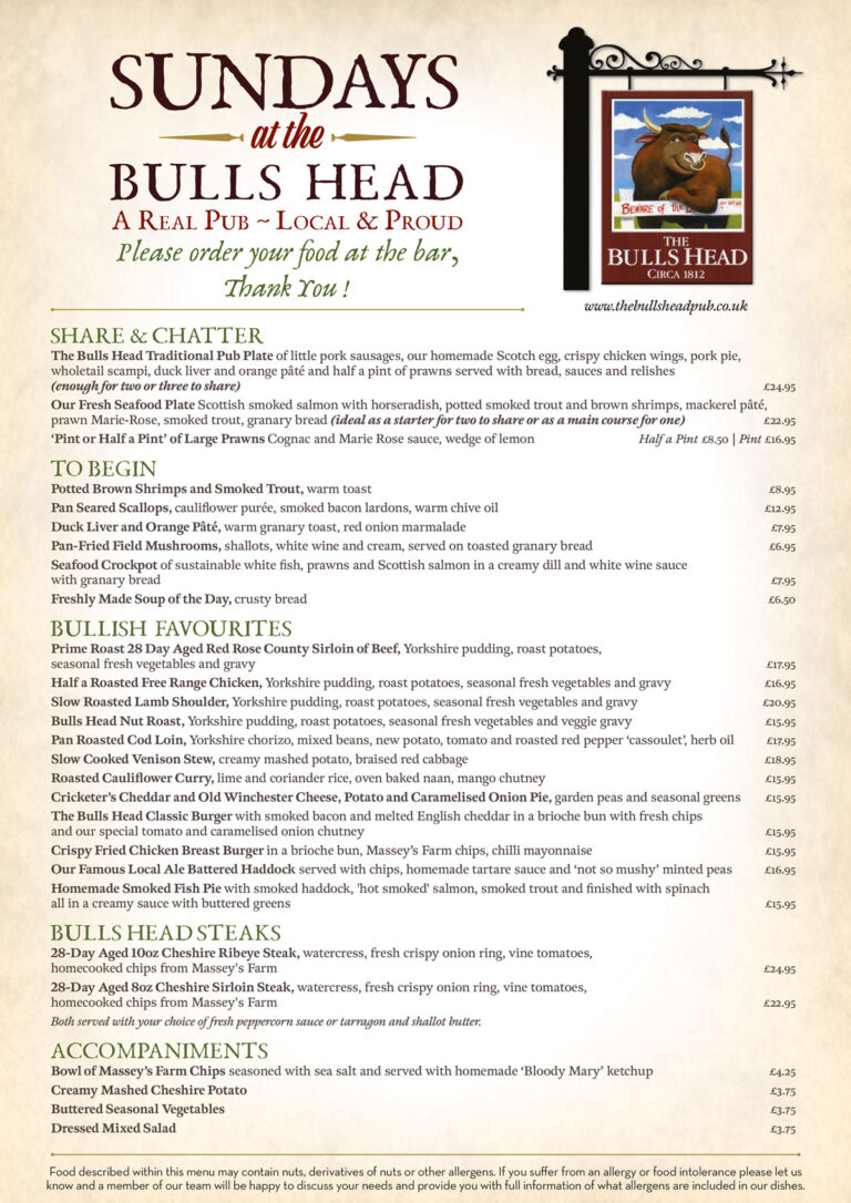 Sunday Menu | The Bulls Head Pub Mobberley